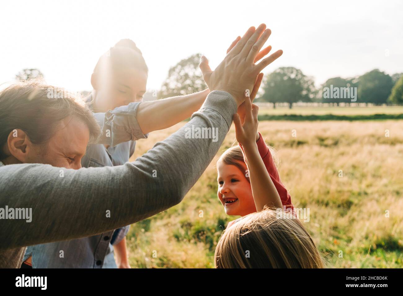 Happy family doing high-five in park on weekend Stock Photo - Alamy