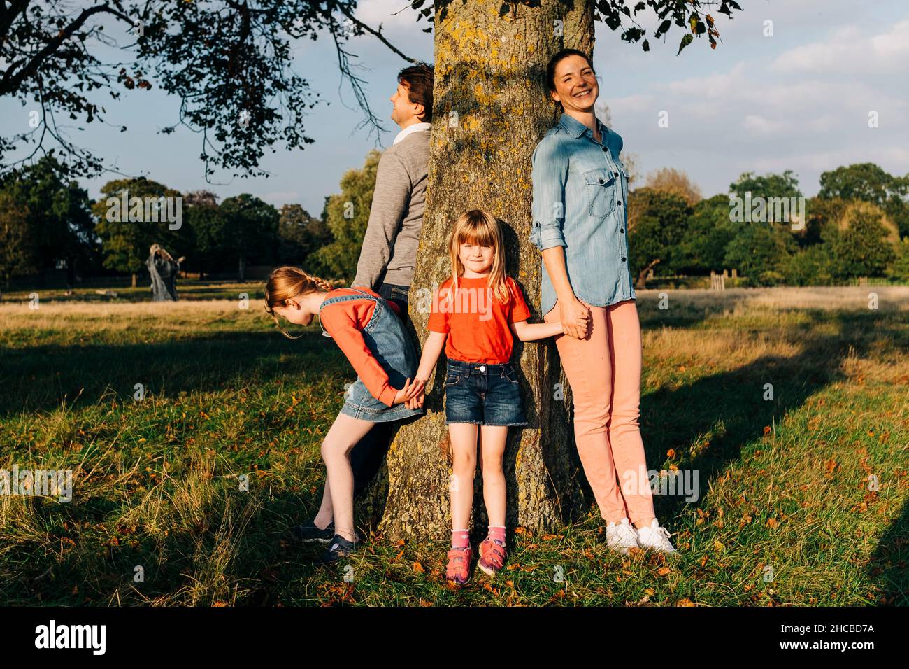 Family holding hands standing around tree in park Stock Photo - Alamy