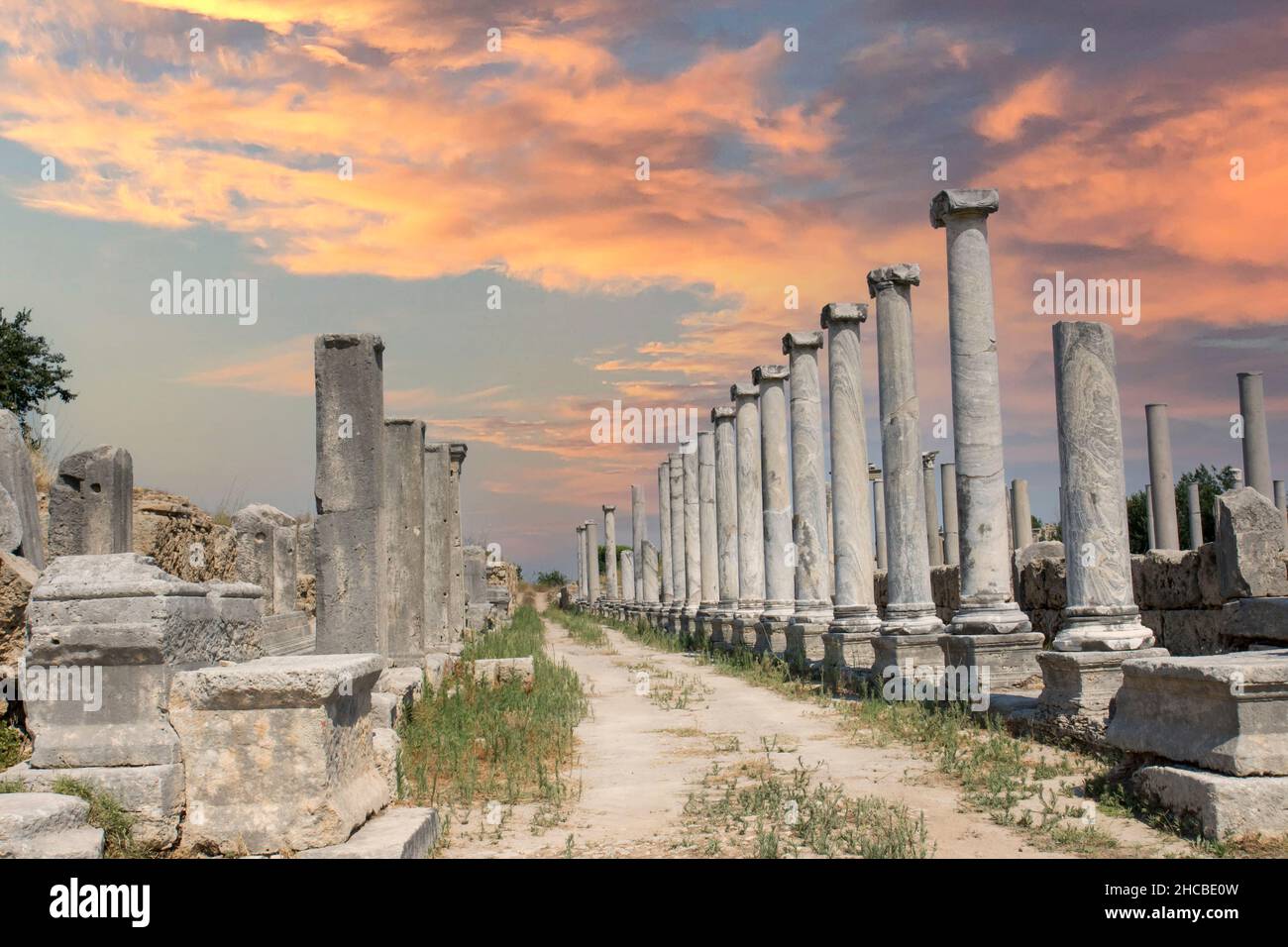 Ancient city of Perge near Antalya Turkey. Columned street and ruins ...