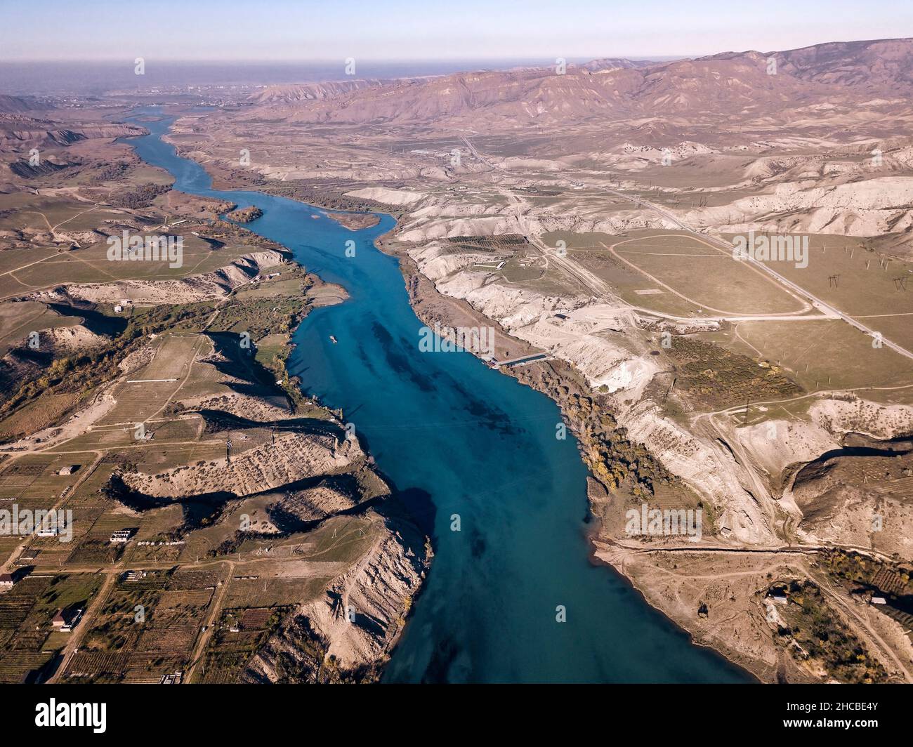 Russia, Dagestan, Miatli, Aerial view of Sulak river in North Caucasus ...