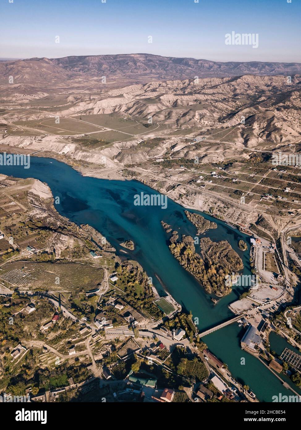 Russia, Dagestan, Miatli, Aerial view of Sulak river in North Caucasus ...