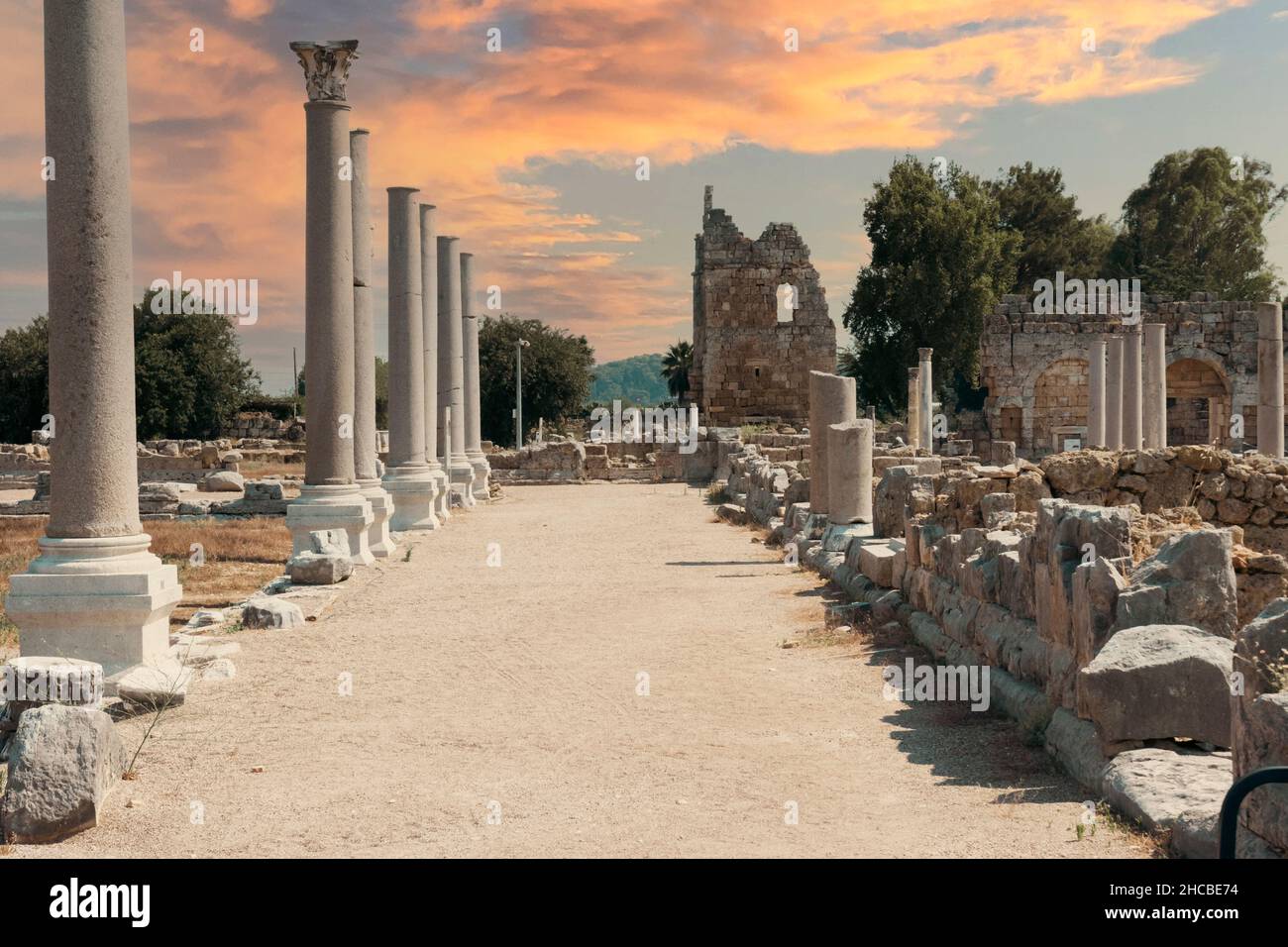 Ancient city of Perge near Antalya Turkey. Columned street and ruins ...