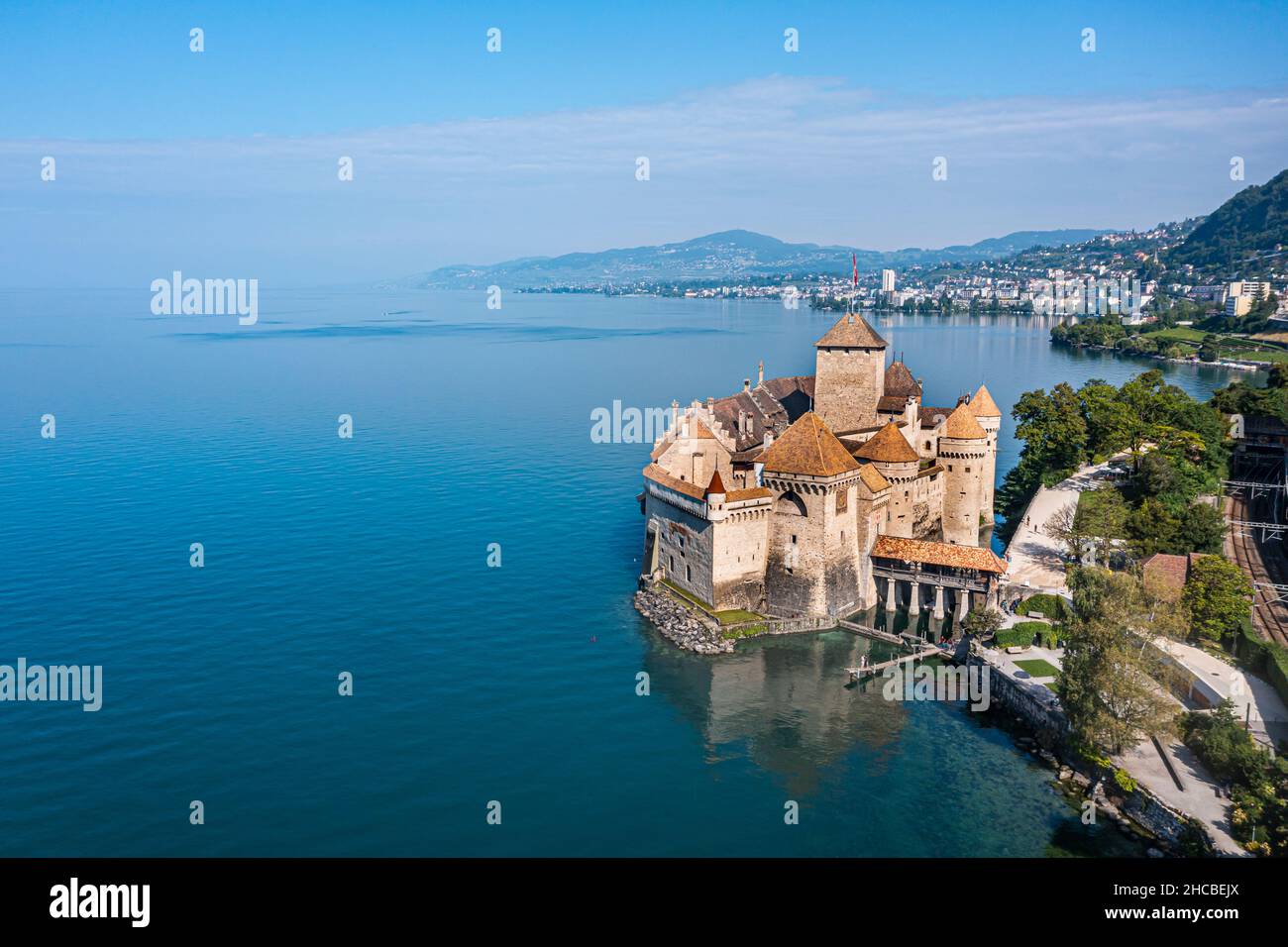 Switzerland, Canton of Vaud, Veytaux, Aerial view of Lake Geneva and ...
