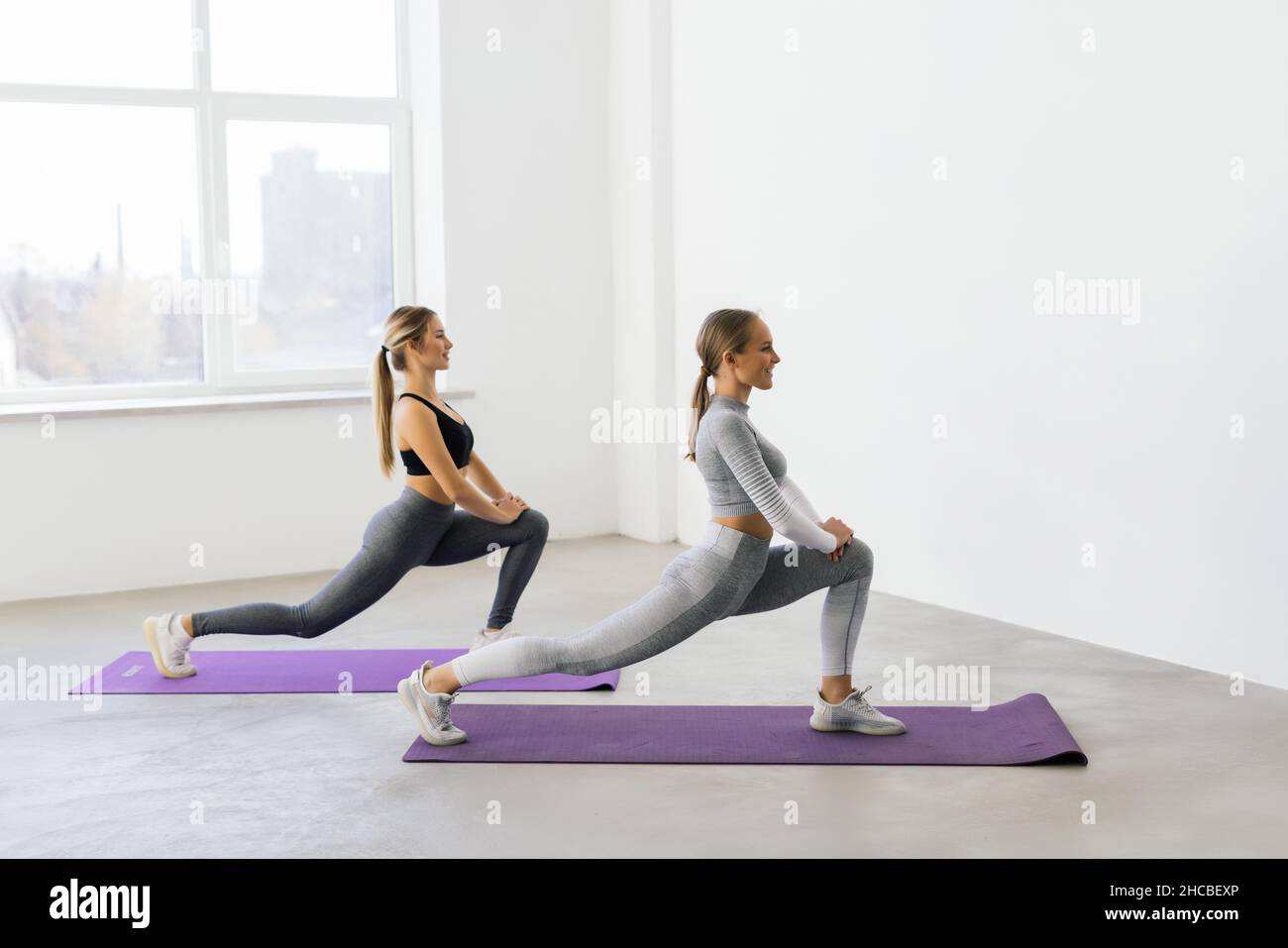 Pair sporty yoga women doing exercise on gray stylish background ...