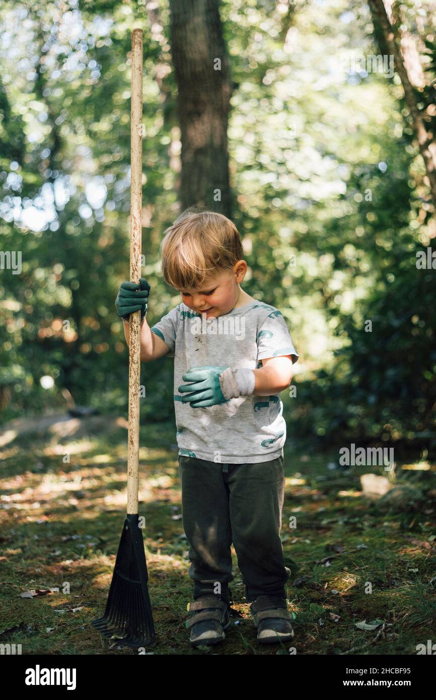 Cute blond boy holding rake Stock Photo - Alamy