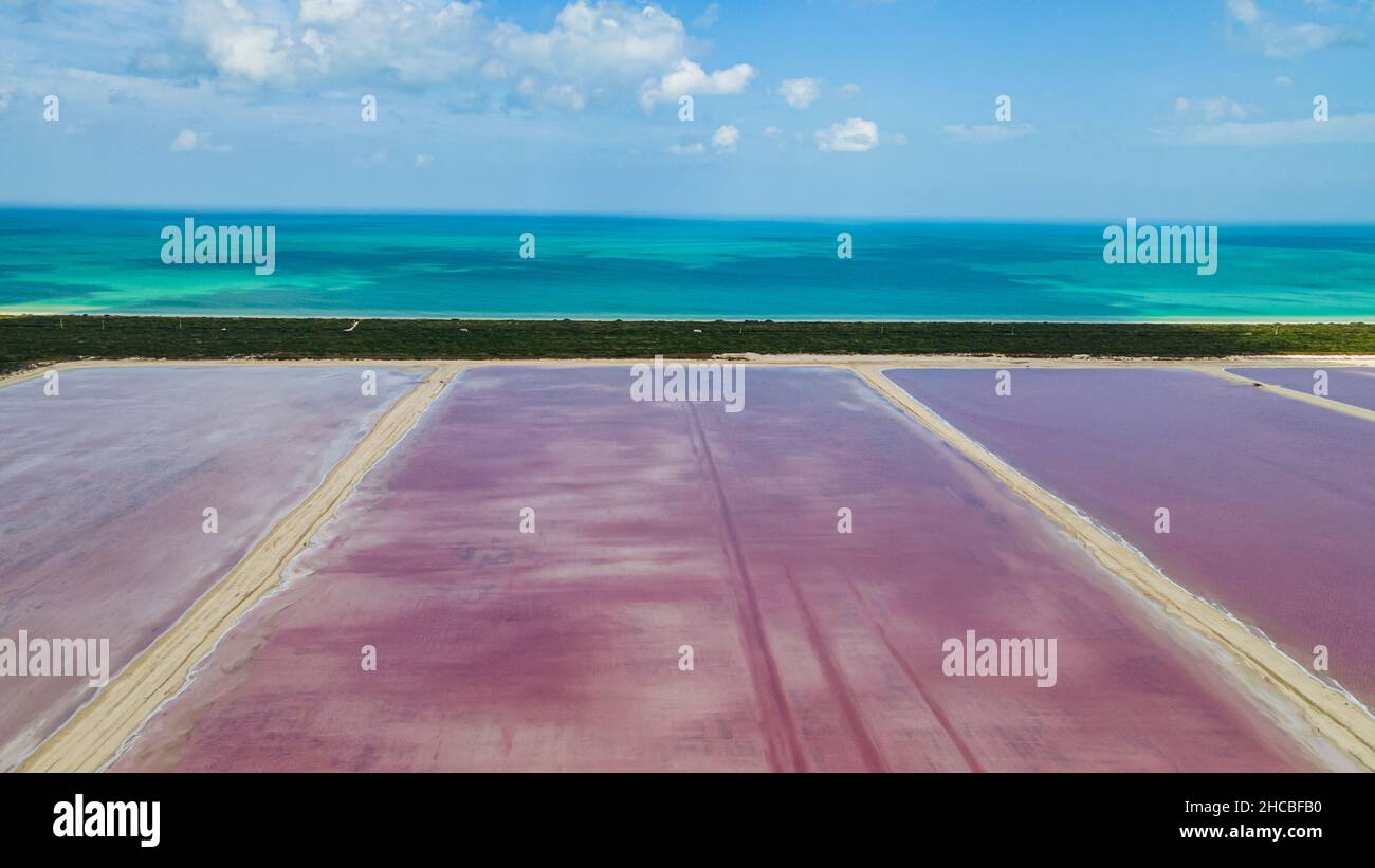 Mexico, Yucatan, Las Coloradas, Aerial view of coastal salt evaporation ...