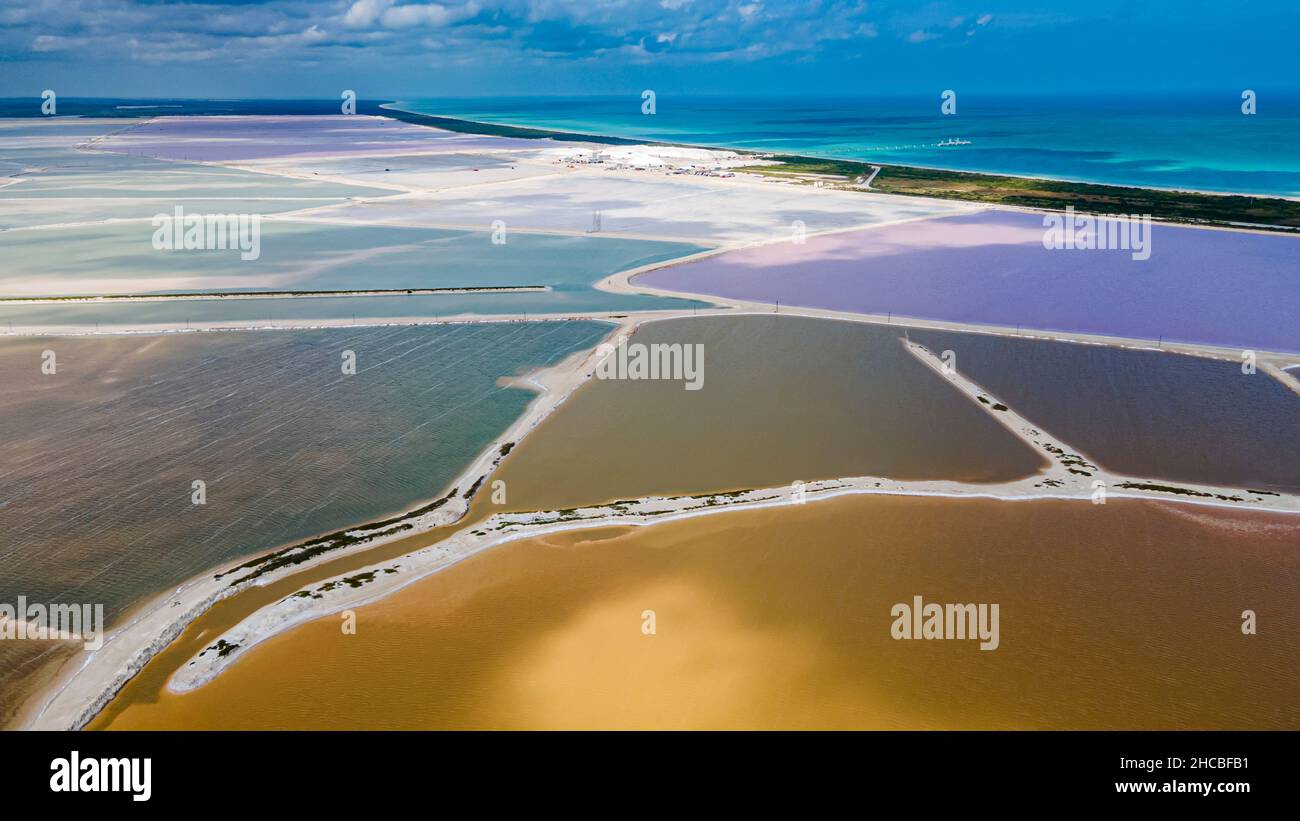 Mexico, Yucatan, Las Coloradas, Aerial view of coastal salt evaporation ...