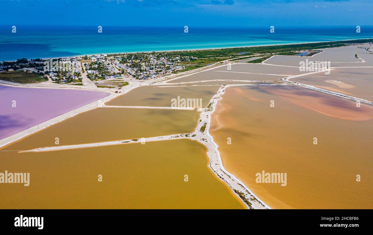 Mexico, Yucatan, Las Coloradas, Aerial view of coastal salt evaporation ...
