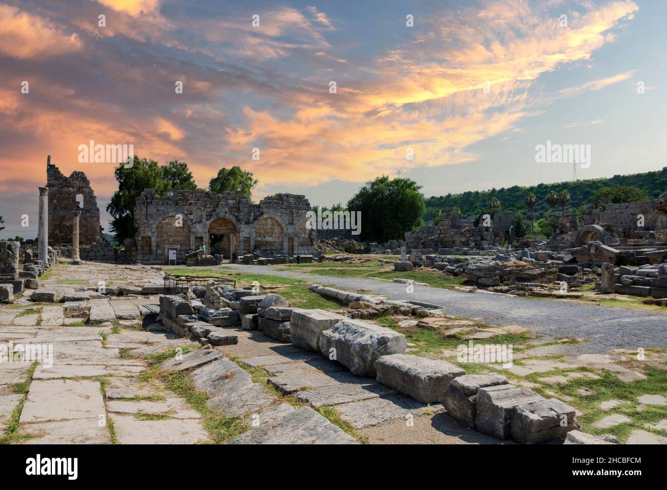 Ancient city of Perge near Antalya Turkey. Columned street and ruins ...