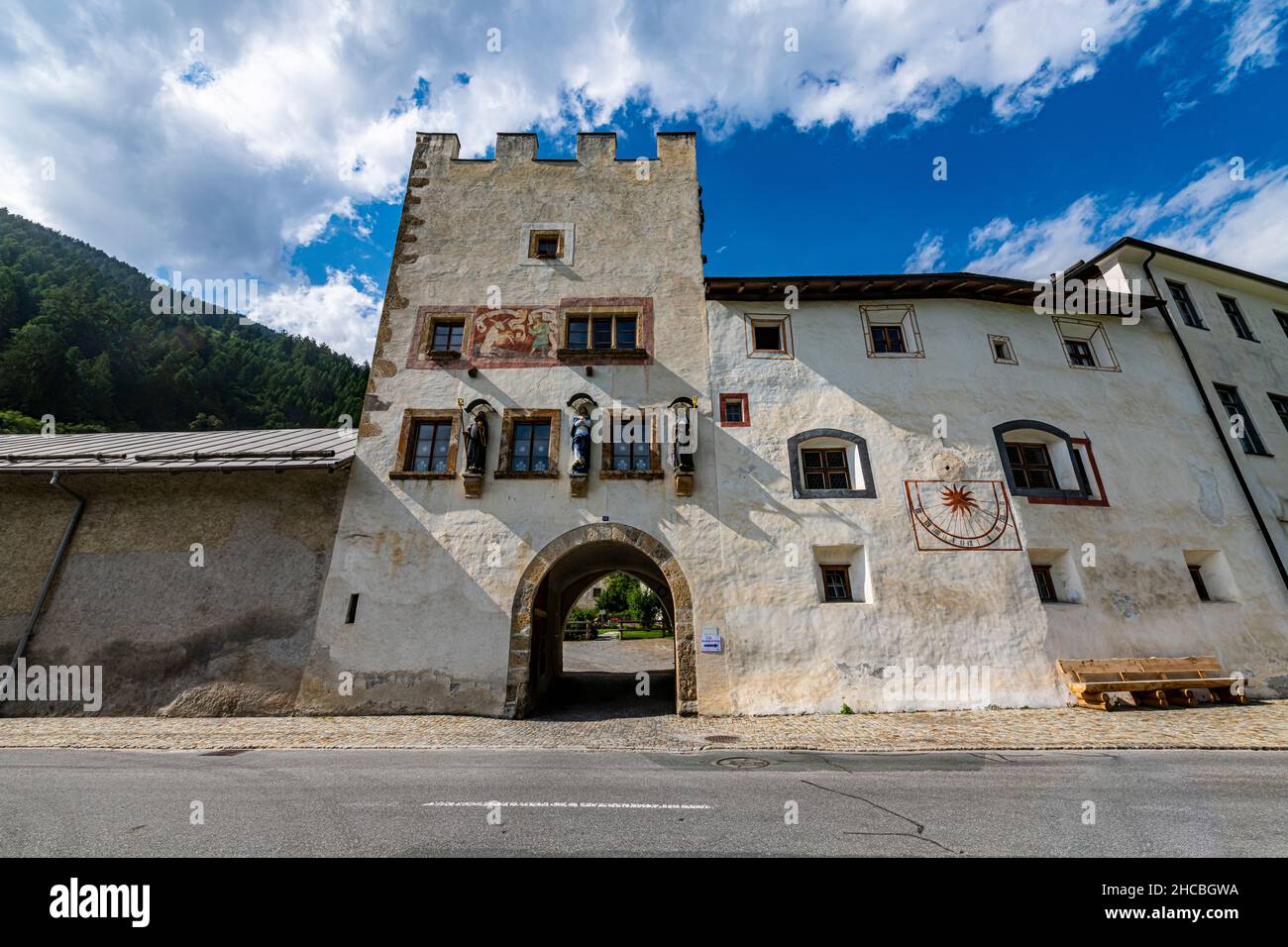 Switzerland, Canton of Grisons, Val Mustair, Entrance of Benedictine ...