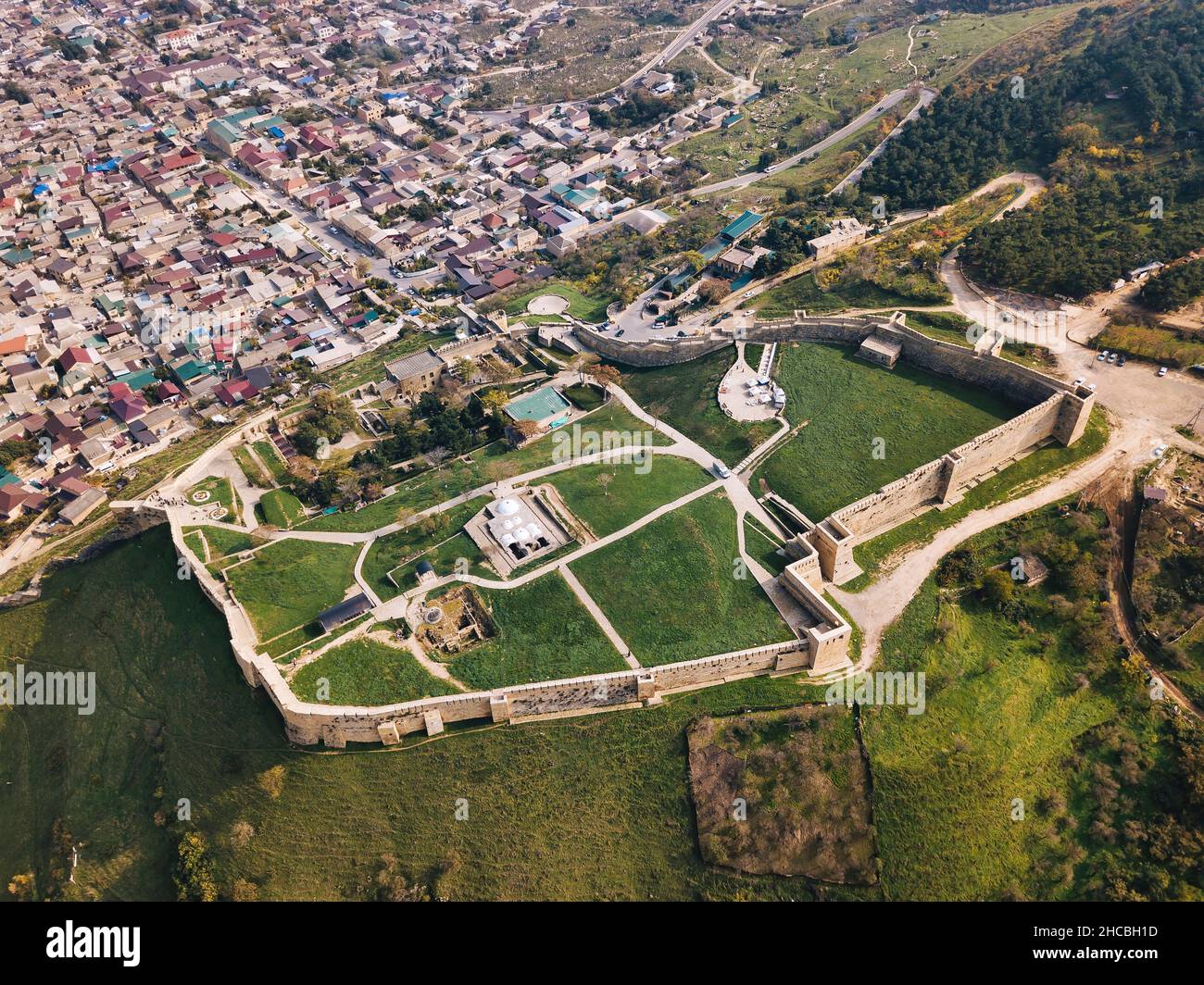Russia, Dagestan, Derbent, Aerial view of ancient fortifications of ...