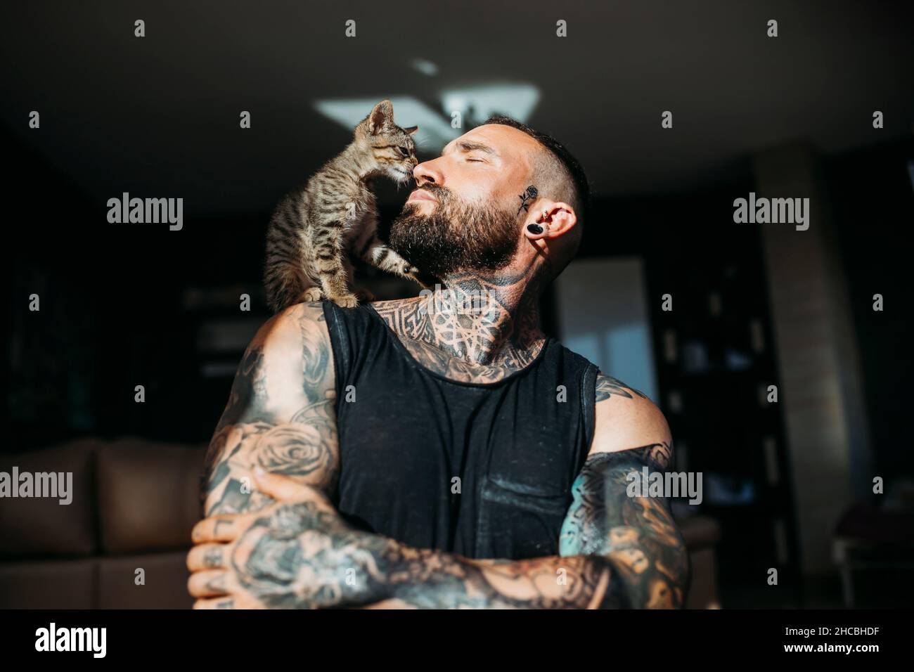 Man with arms crossed looking at cat sitting on shoulder Stock Photo ...