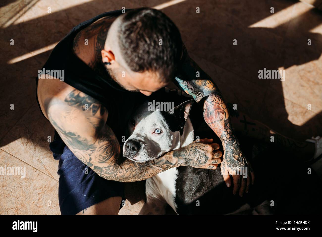Man with dog on his lap hi-res stock photography and images - Alamy