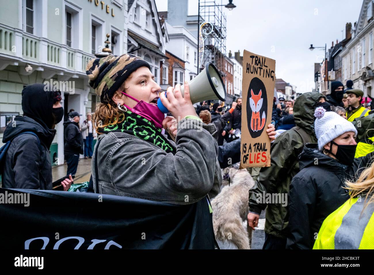 Lewes, UK. 27th Dec, 2021. Anti Hunt demonstrators protest as The ...