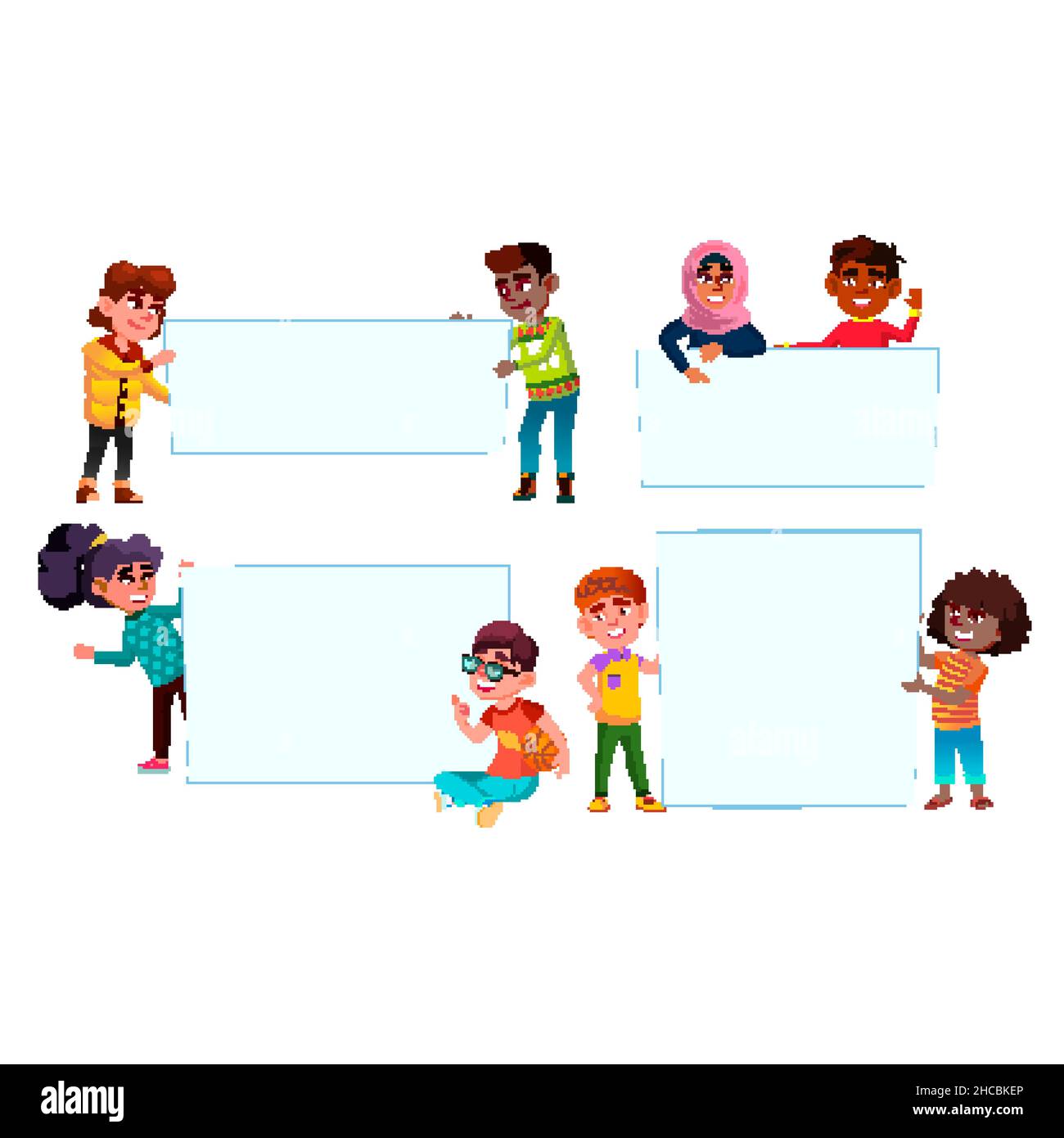 school boy and girl with empty banner set vector Stock Vector Image ...