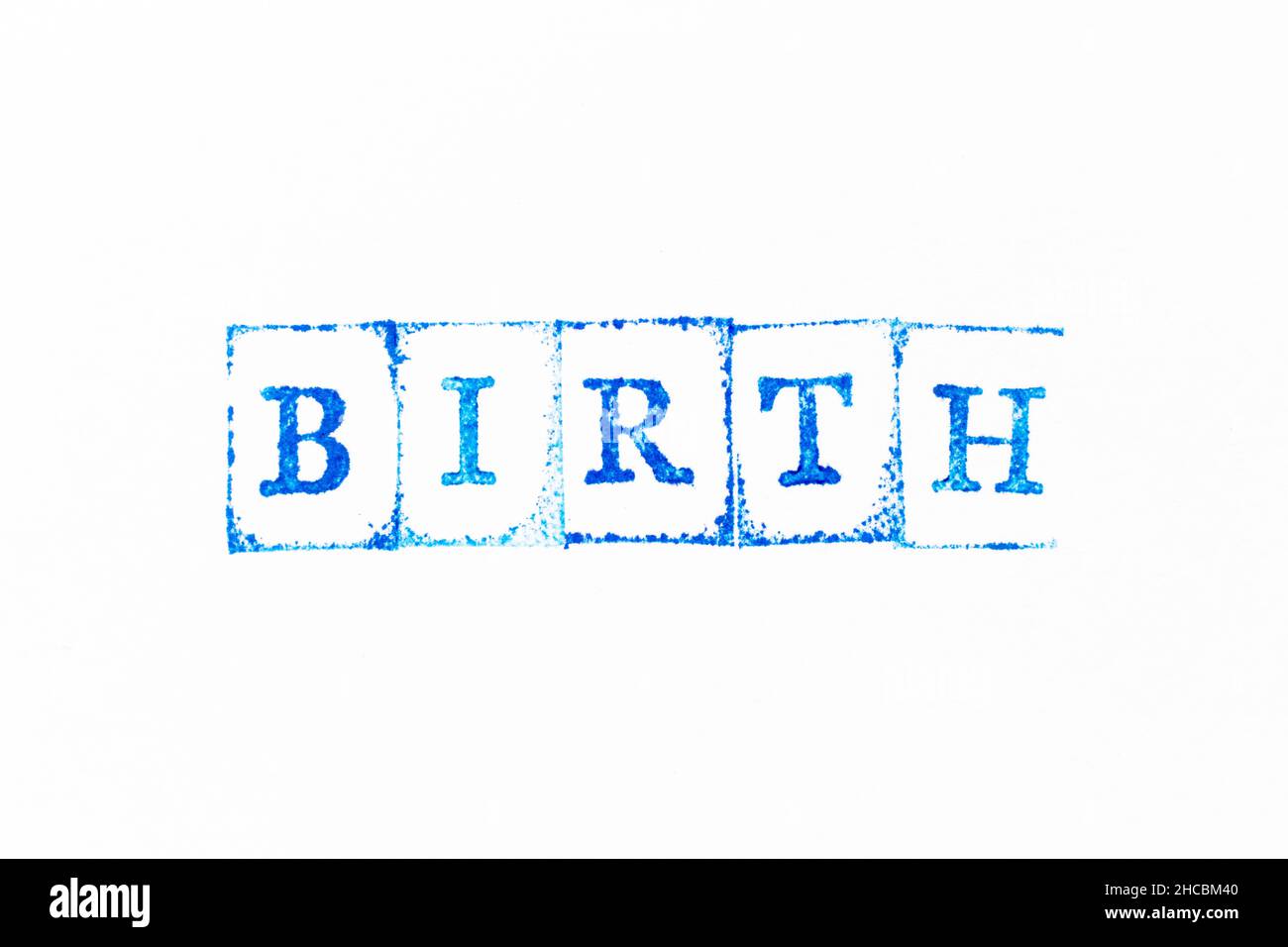 Blue color ink rubber stamp in word birth on white paper background ...