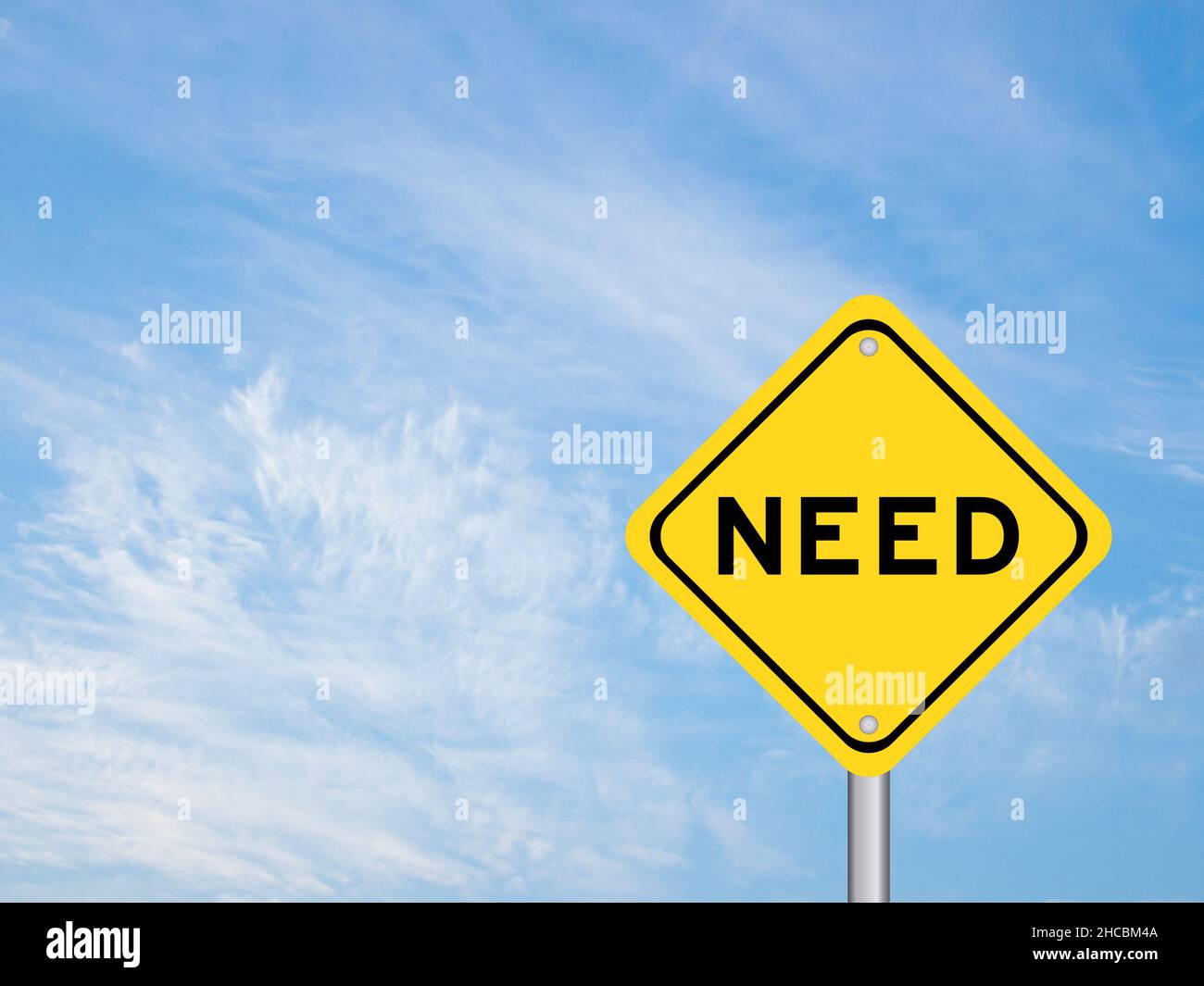 Yellow transportation sign with word need on blue color sky background ...