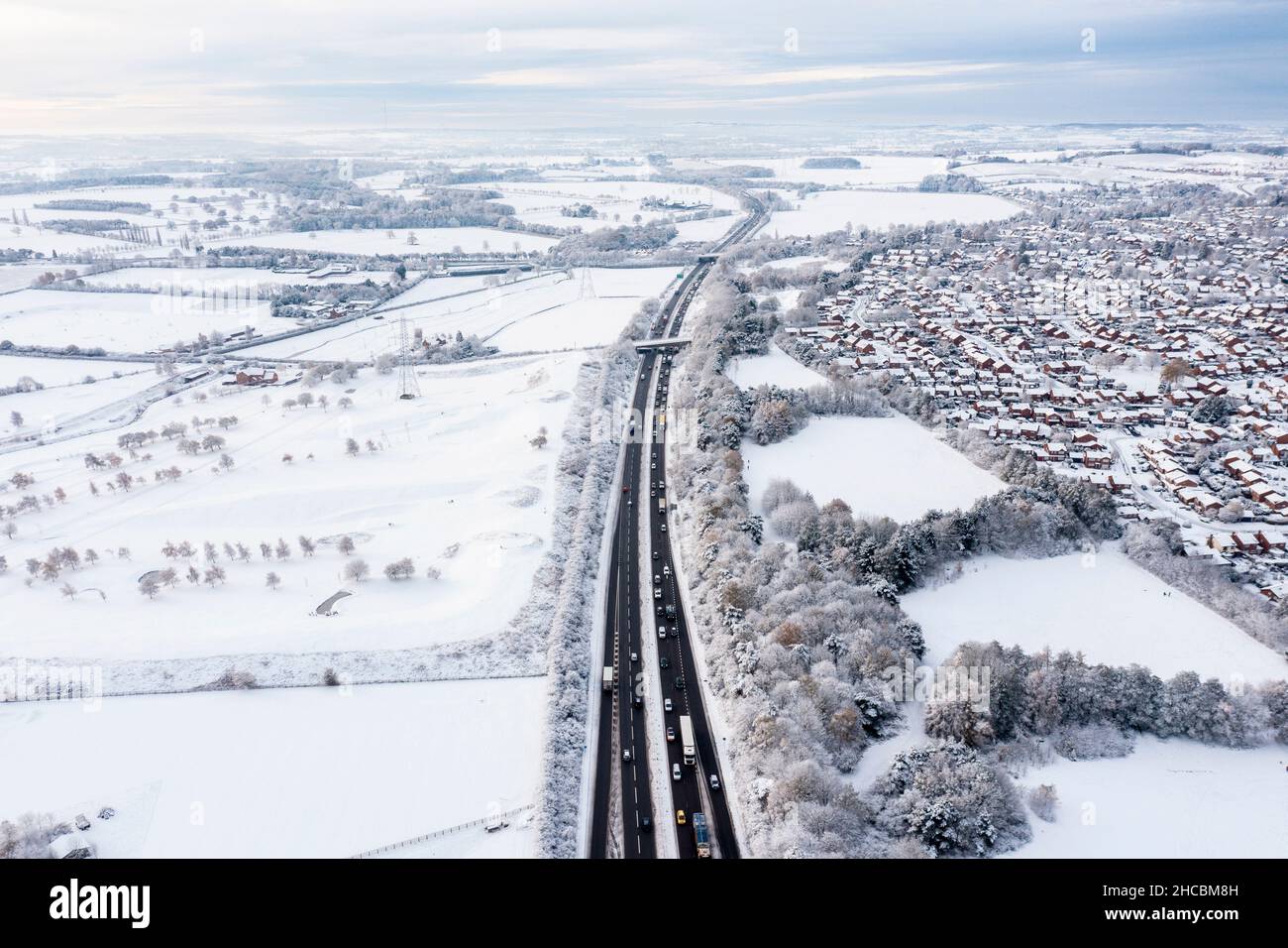 UK, England, Lichfield, Aerial view of multiple lane highway stretching ...