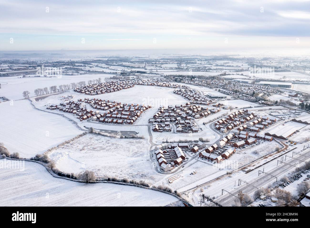 UK, England, Lichfield, Aerial view of snow-covered suburb Stock Photo ...