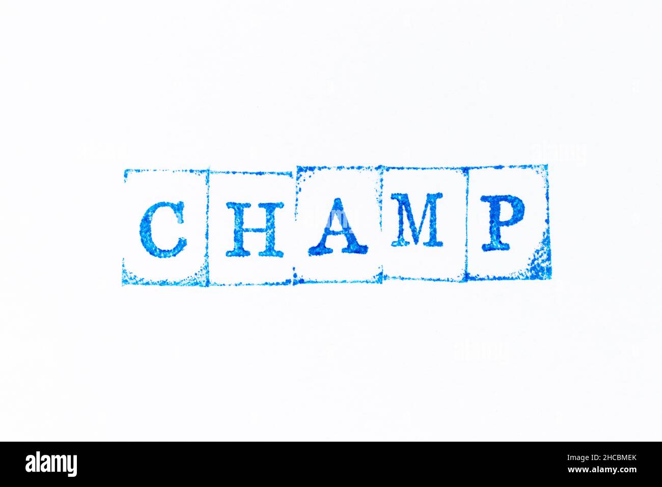 Blue color ink rubber stamp in word champ on white paper background ...