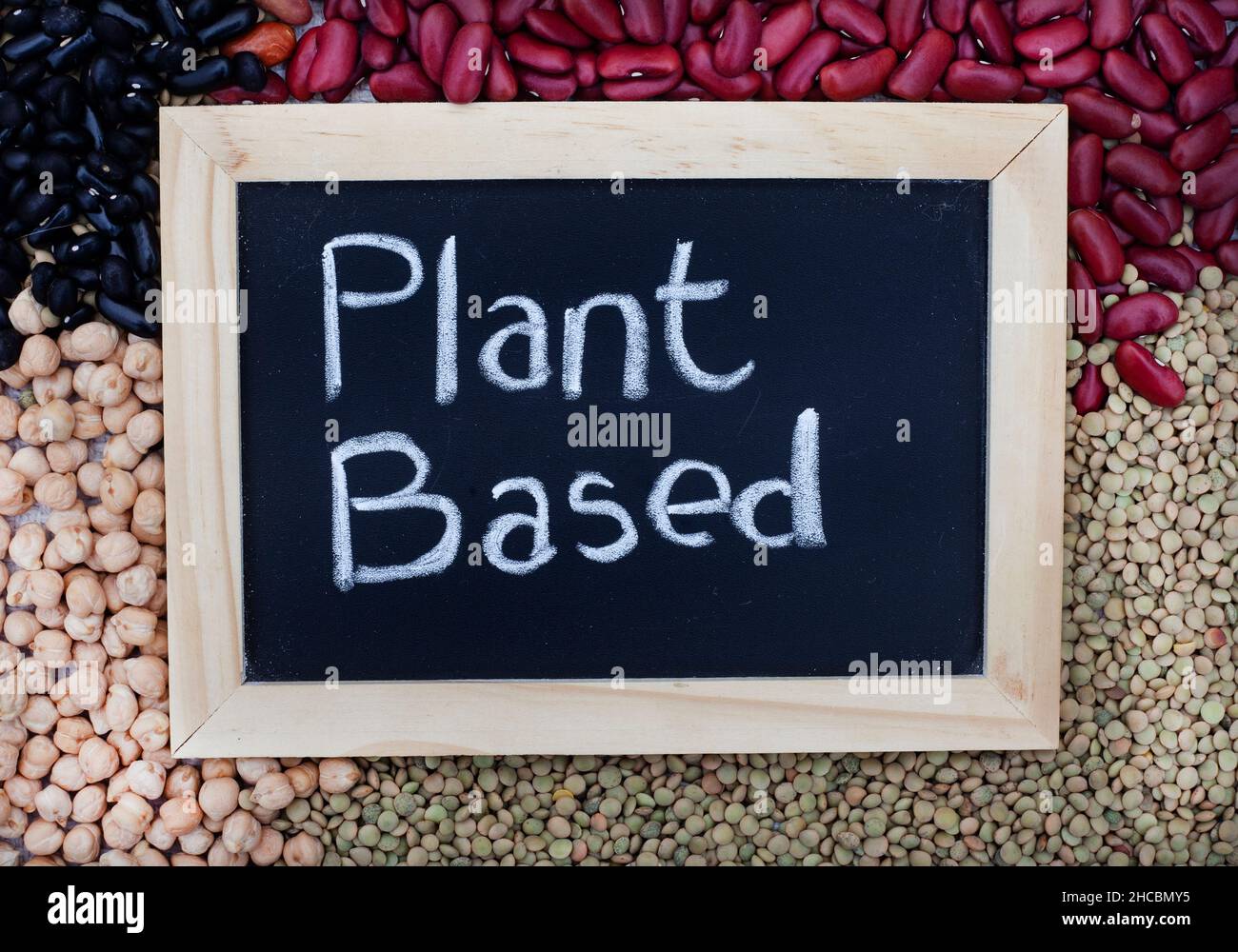 chalk board with plant based in writing with organic plant based ...