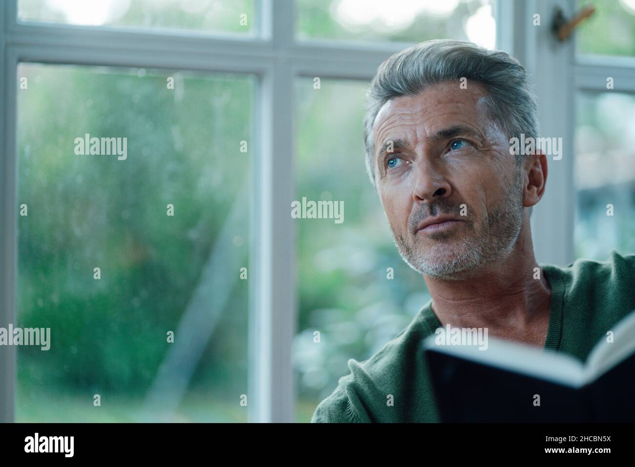 Man reading book in front of window Stock Photo - Alamy