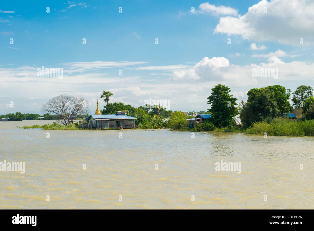 A panoramic view across Irrawaddy River, between the city of Mandalay ...