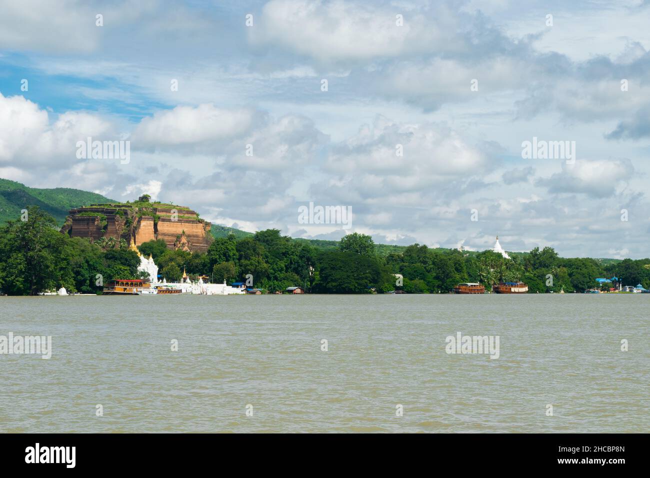 A panoramic view across Irrawaddy River, between the city of Mandalay ...