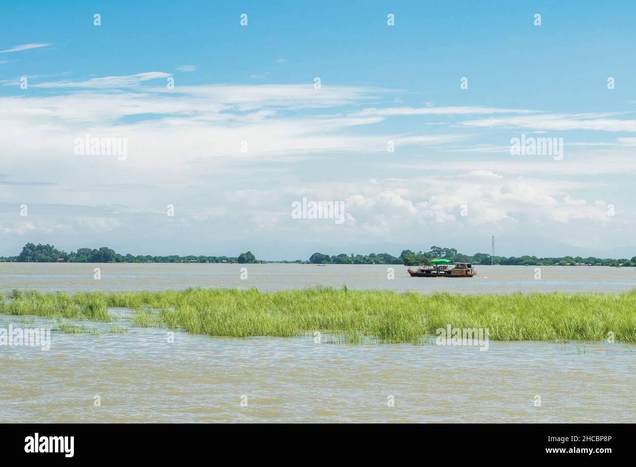 A panoramic view across Irrawaddy River, between the city of Mandalay ...