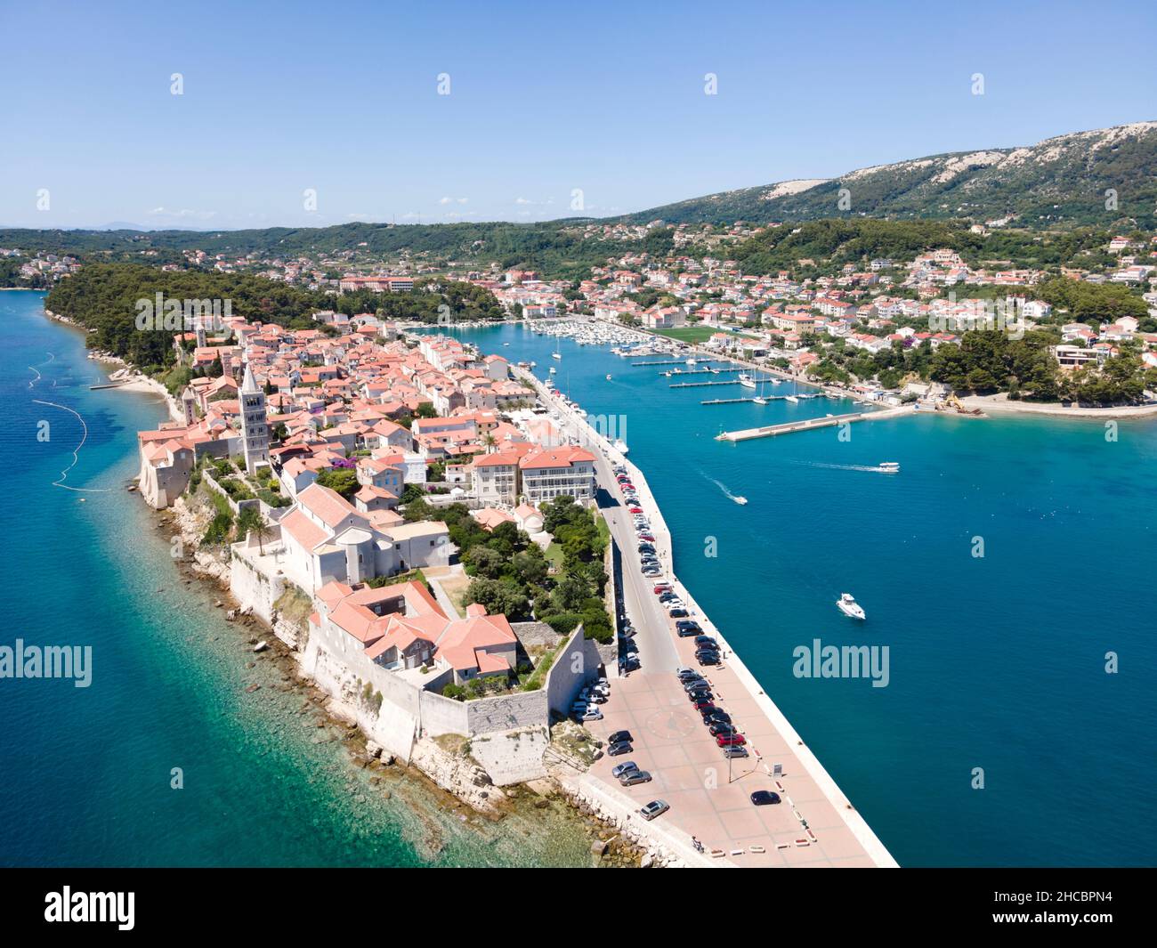 Croatia, Primorje-Gorski Kotar County, Rab, Drone view of coastal town ...