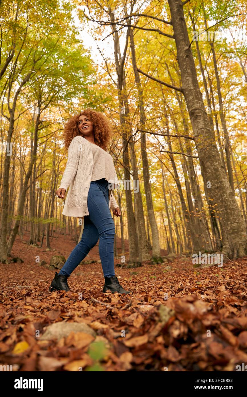 Woman walking on autumn leaves hi-res stock photography and images - Alamy