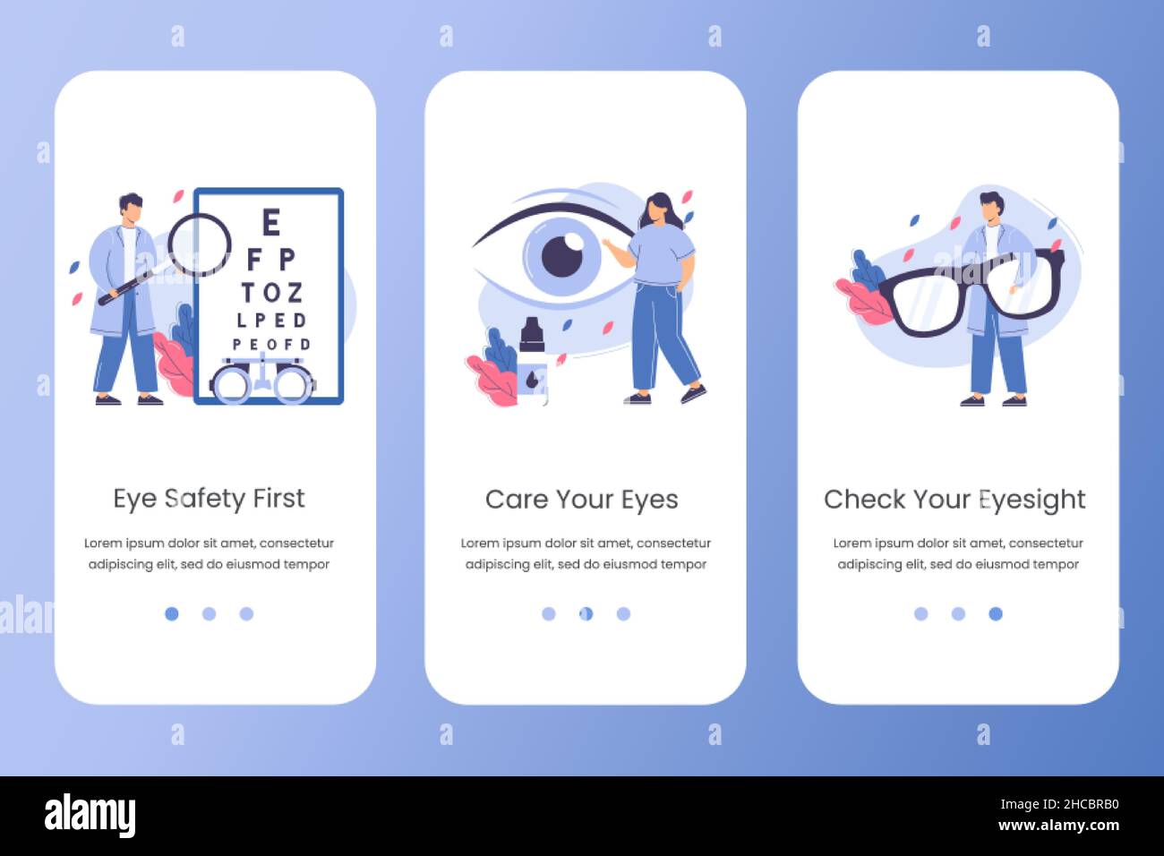 Flat ophthalmologist doctor with magnifier in hands check eyesight. Eye ...