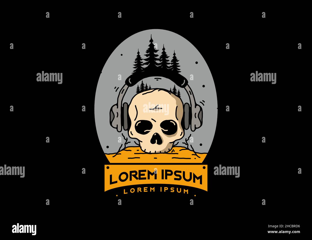 Skull head with headphone and pine trees illustration Stock Vector ...
