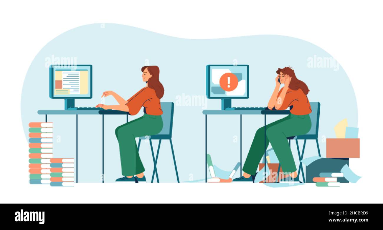 Full of energy and tired exhausted woman office worker at workplace ...