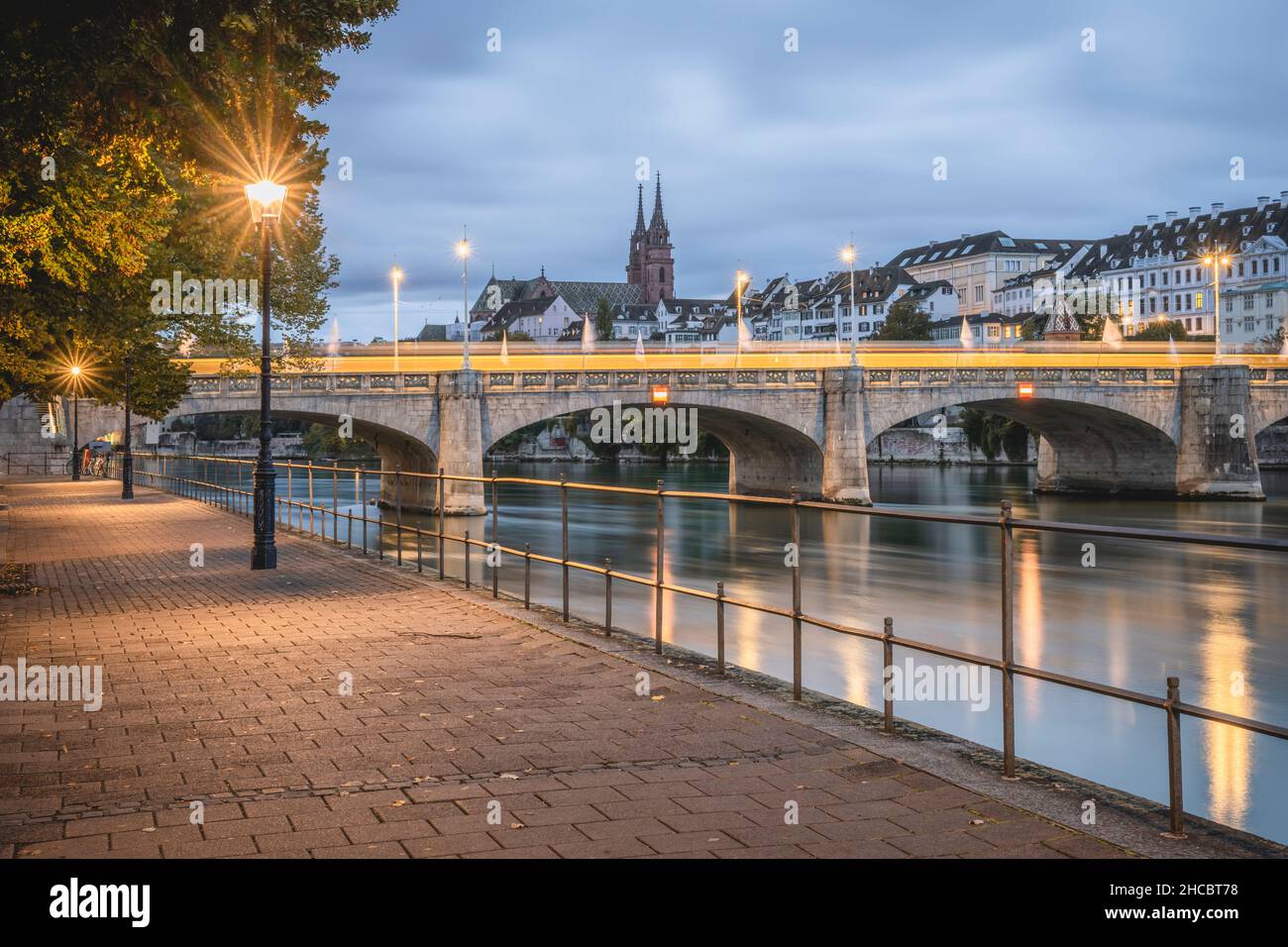 Switzerland, Basel-Stadt, Basel, Promenade stretching along river Rhine ...