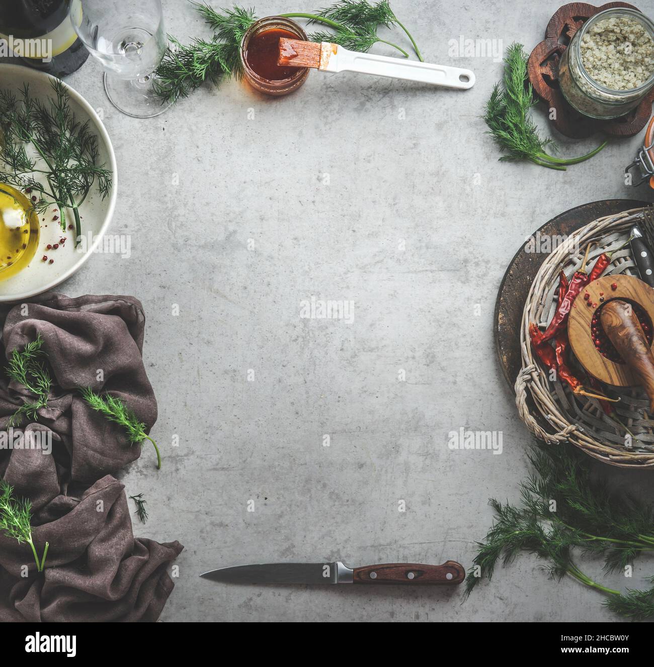 Food background with kitchen utensils and ingredients for meat marinade ...