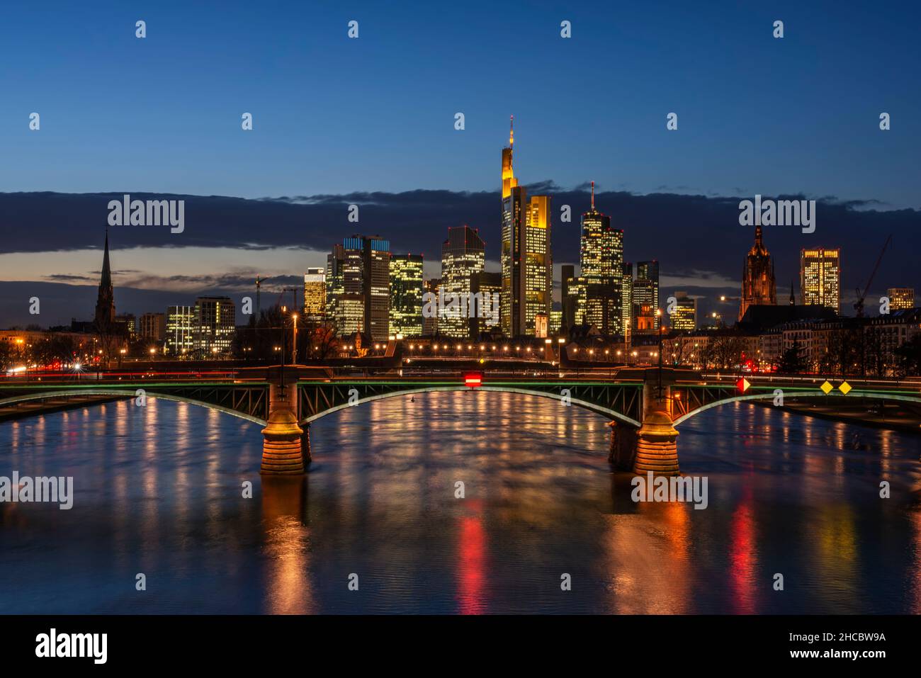 Germany, Hesse, Frankfurt, Ignatz Bubis Bridge at night with ...
