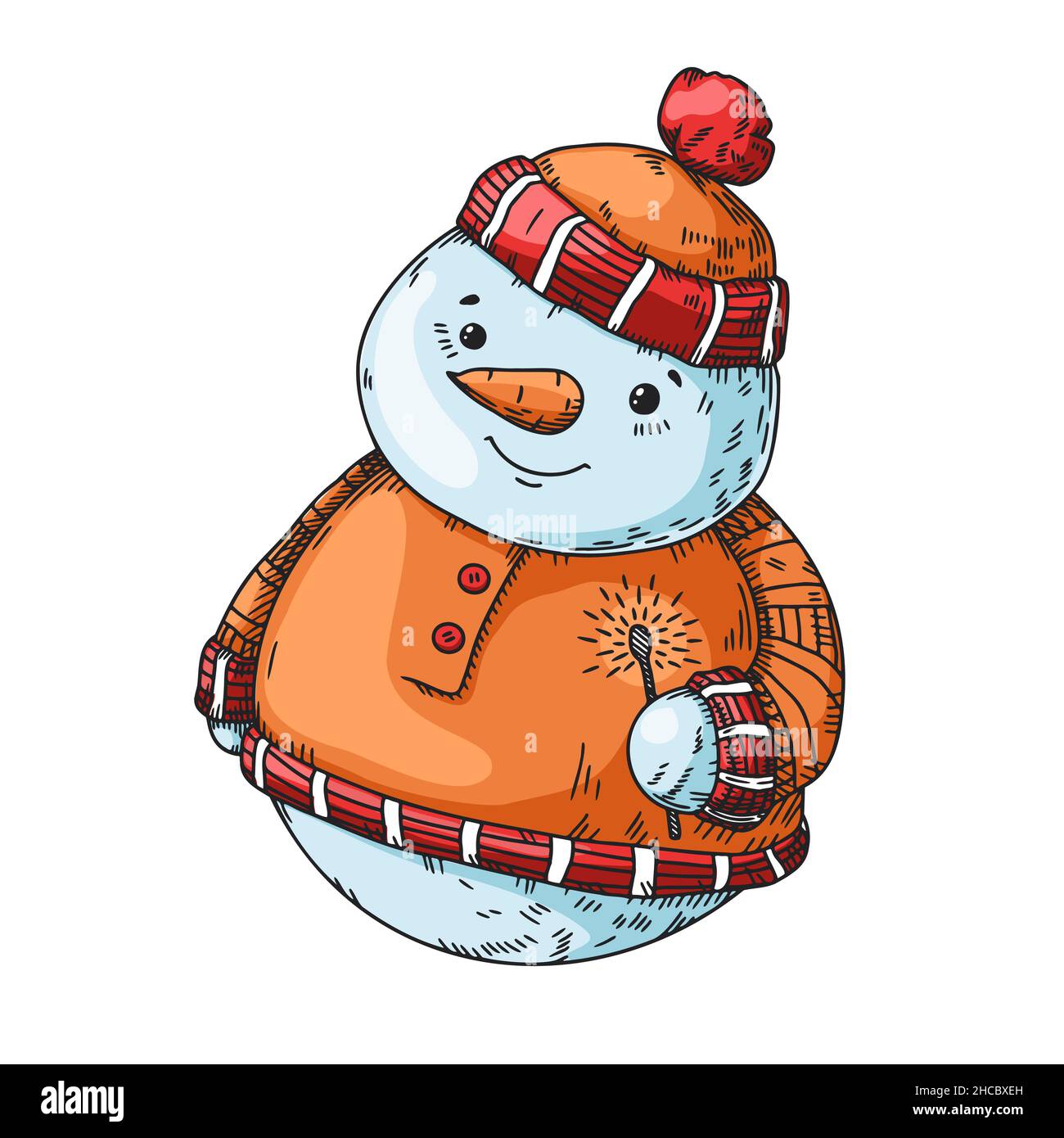 Cute Christmas snowman in doodle style. Vector illustration. Christmas ...