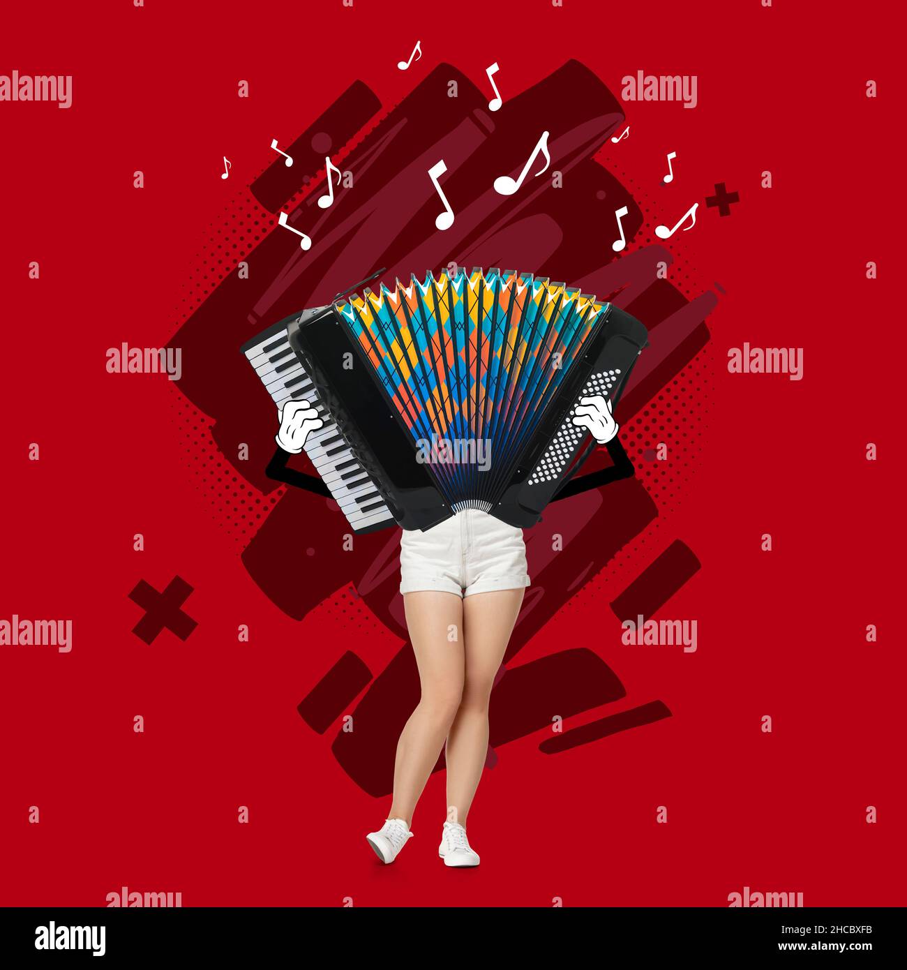 Contemporary art collage of female legs with accordion body making ...