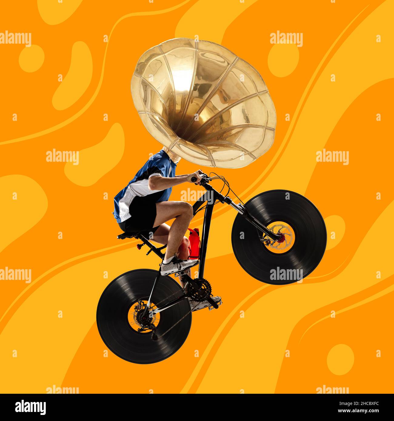 Contemporary art collage of man with trumpet head riding vinyl records ...