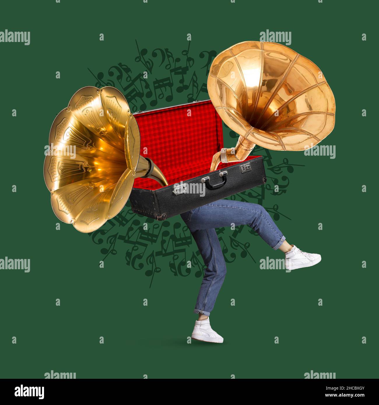 Contemporary art collage of female legs dancing with two huge golden ...