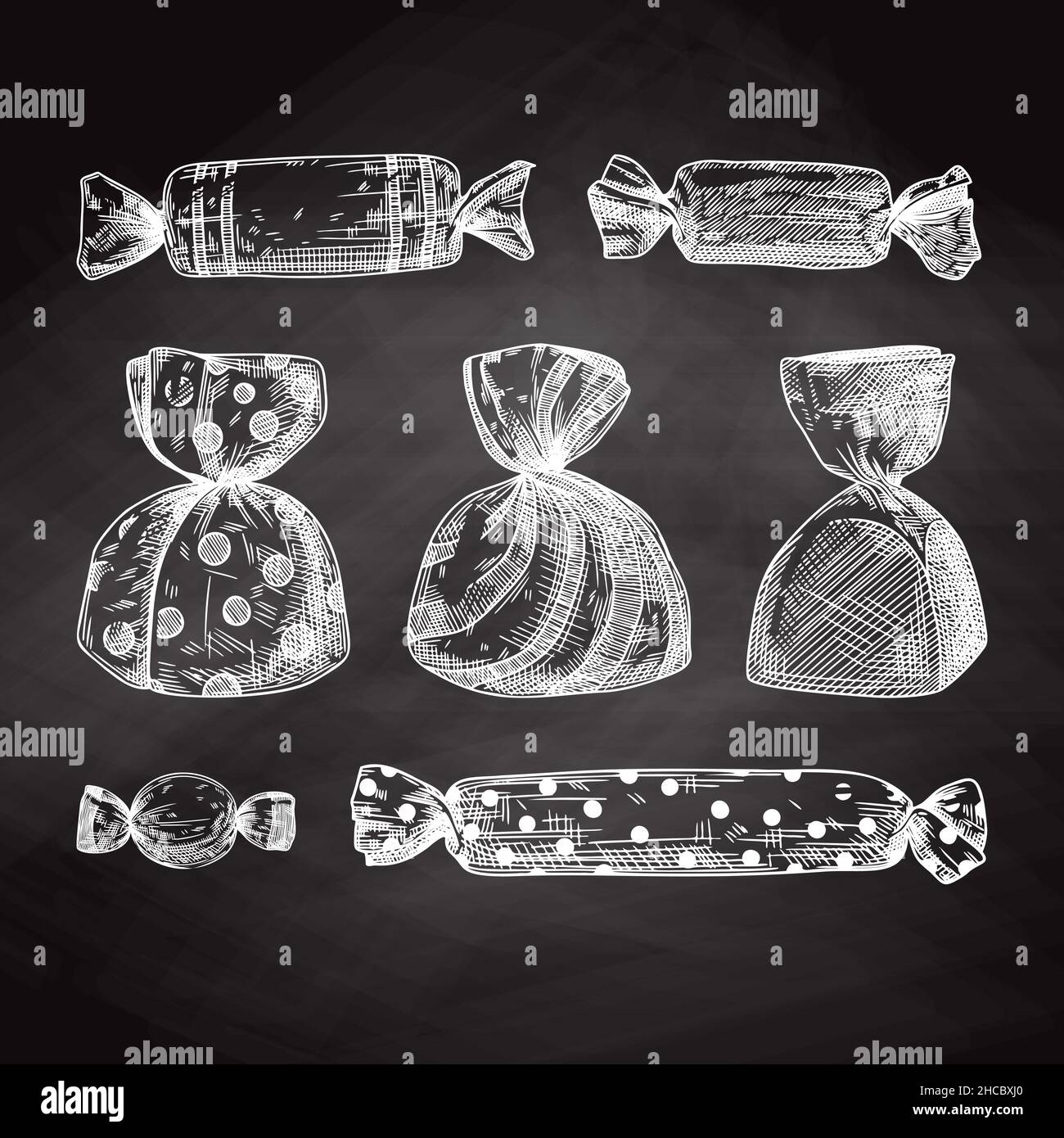 Set of different sweets in a wrapper isolated on a background. Sketch ...