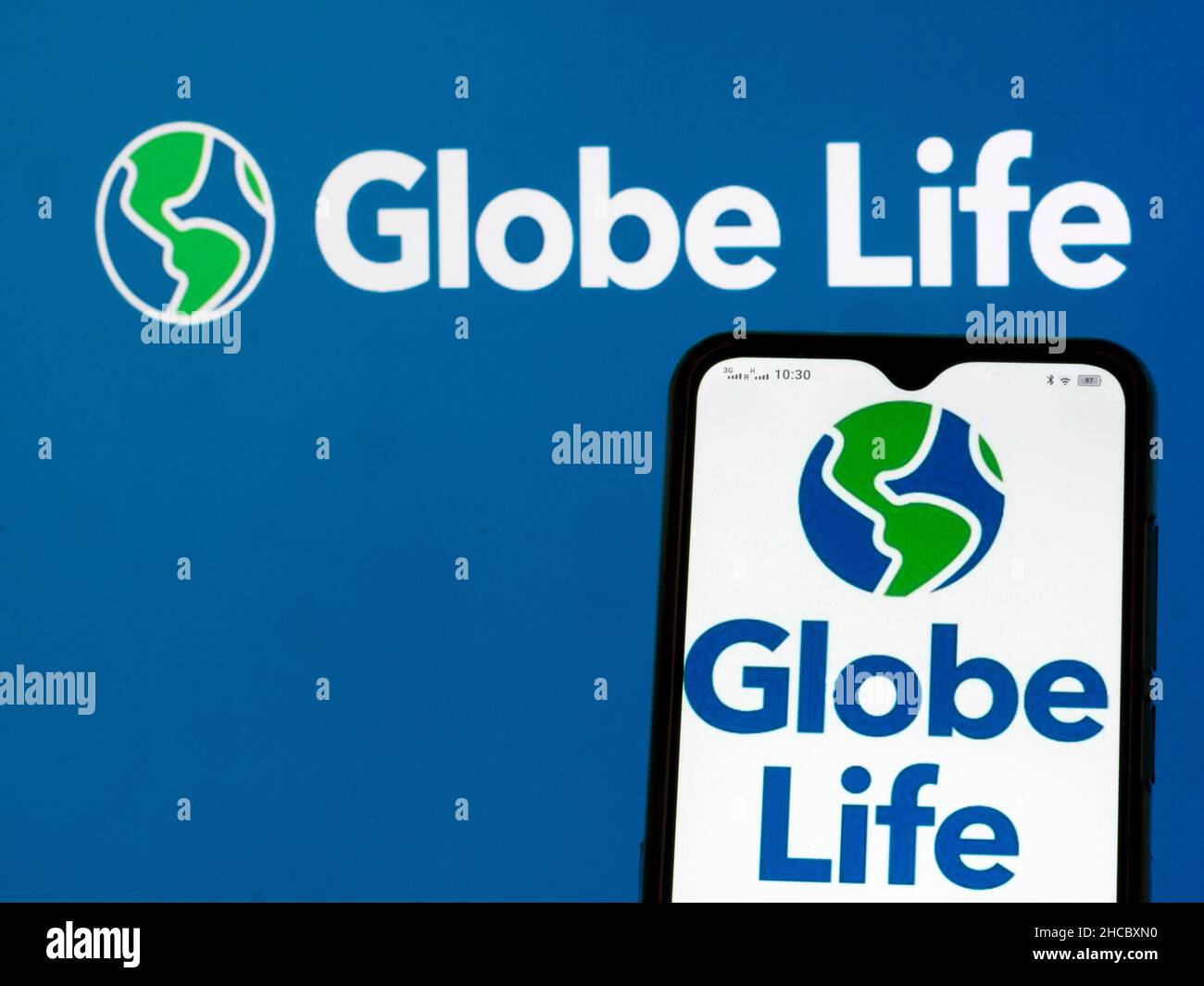 In this photo illustration Globe Life Insurance logo seen displayed on ...