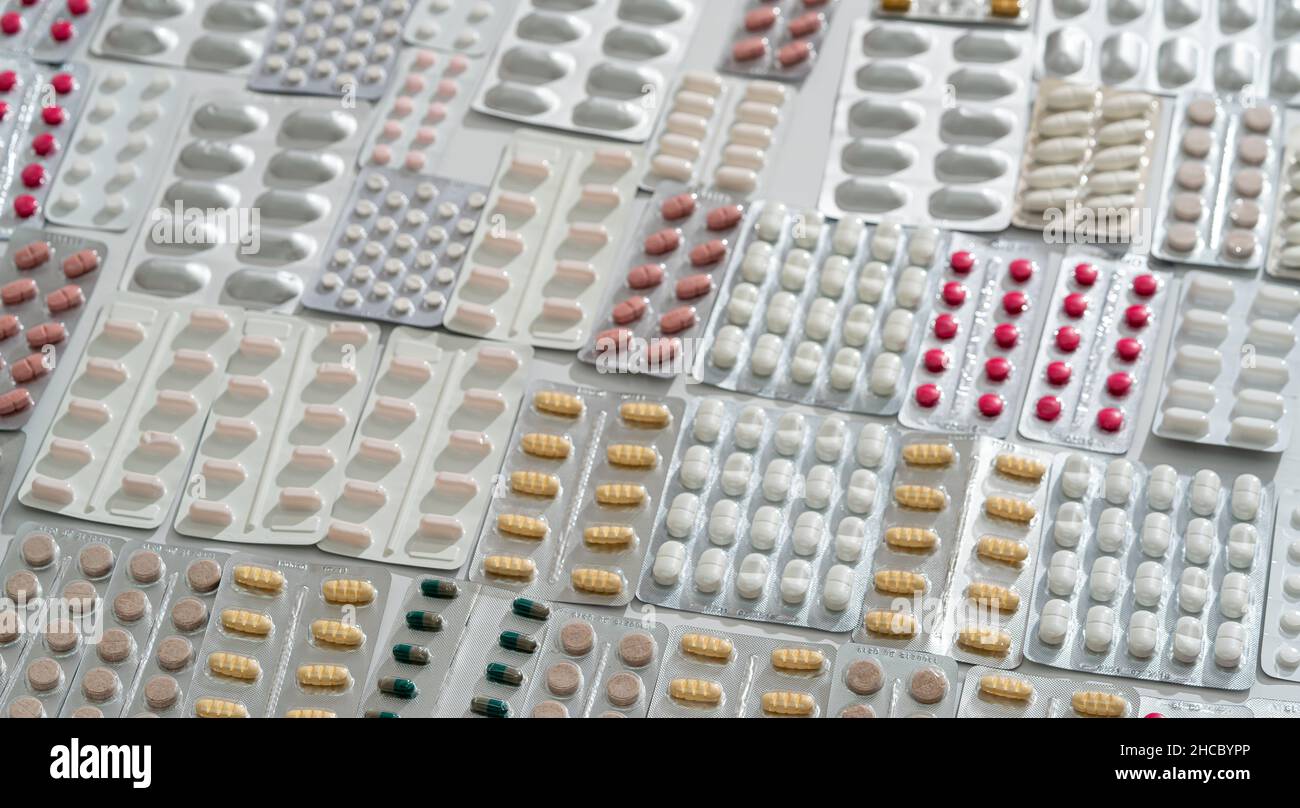 tablets in foil pack for capsule and tablets pills Stock Photo - Alamy