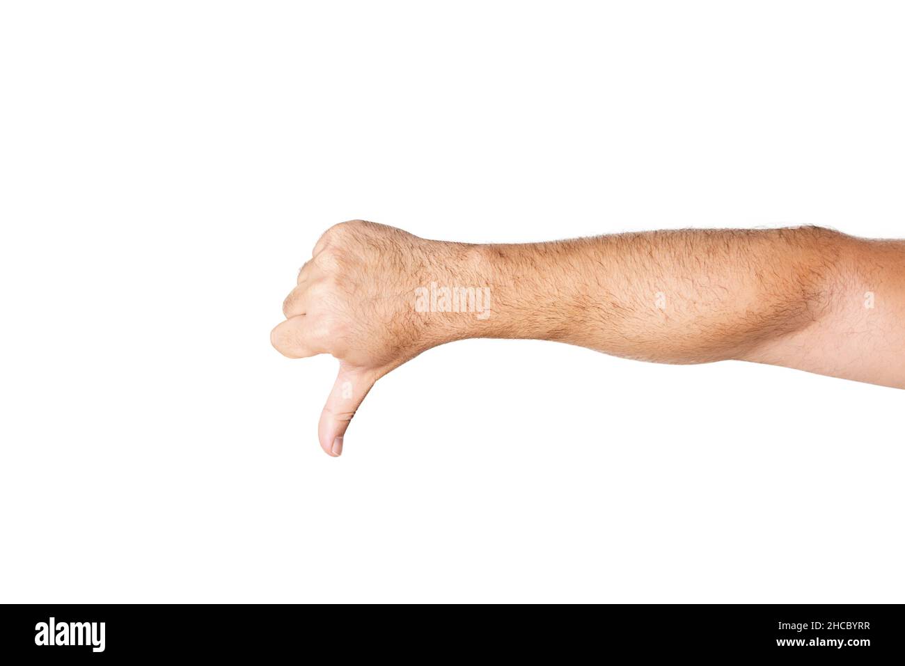 Man arm with thumb down on white background. Concept of I don't like ...