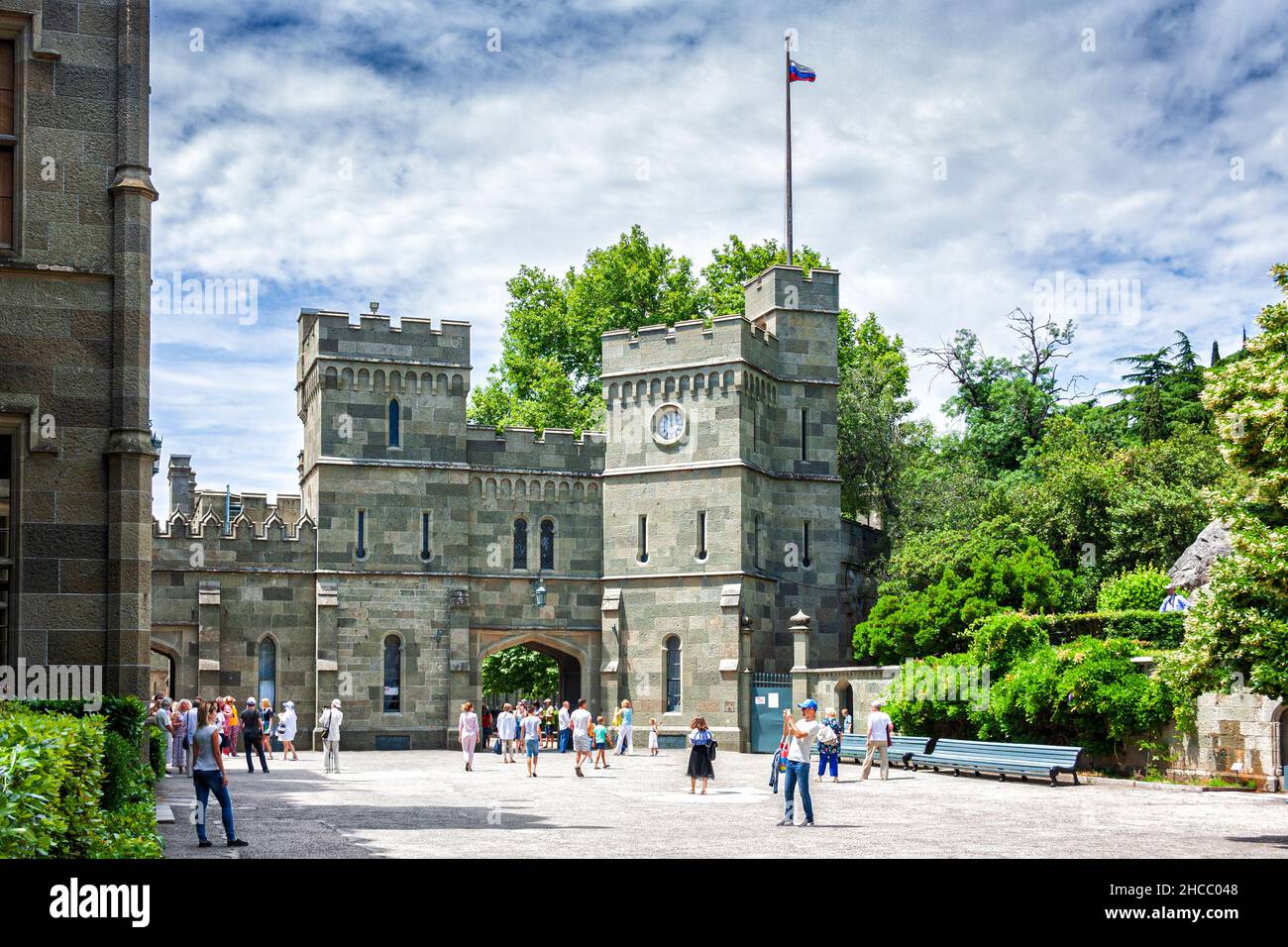 The palace square of Vorontsov Castle in Crimea is filled with tourists ...