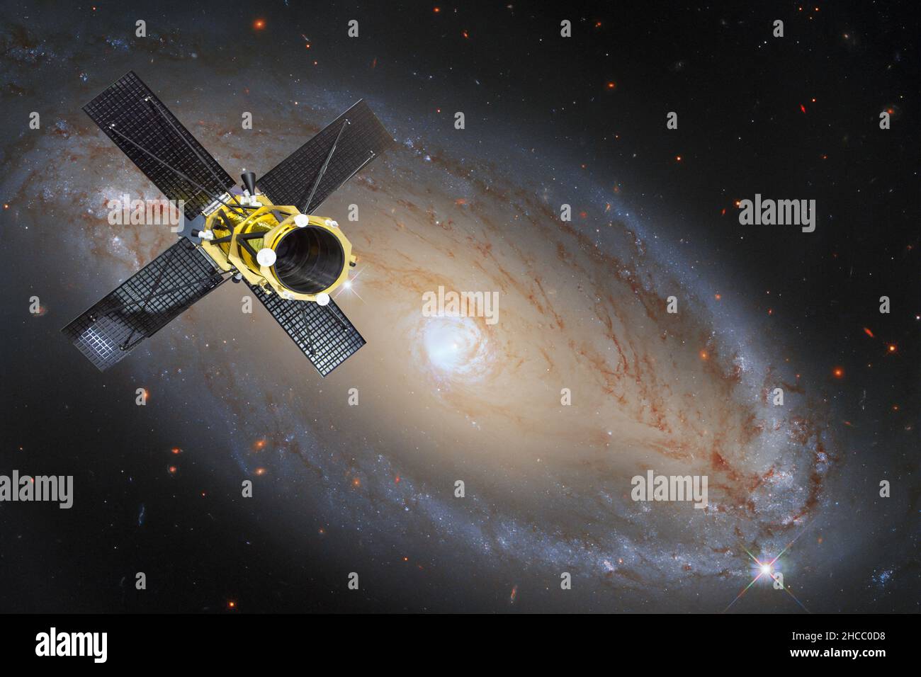 Orbiting space telescope against the backdrop of a rotating starry ...