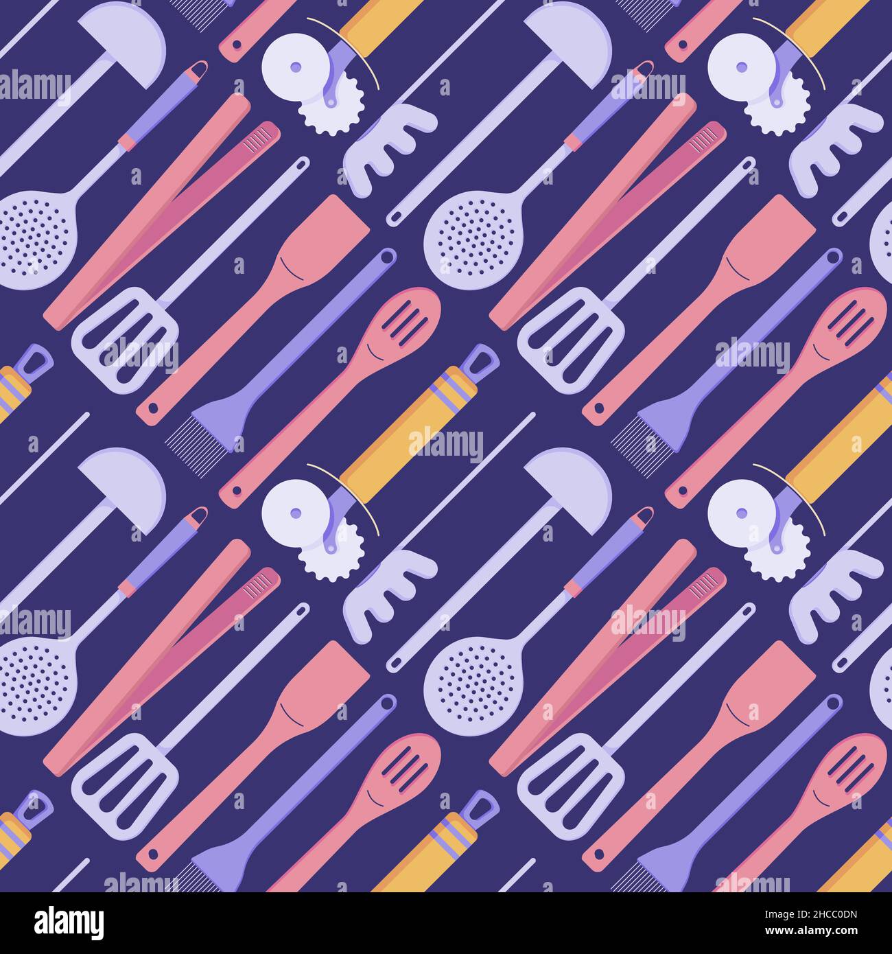 Seamless pattern with kitchen appliances for cooking, ladles, spatulas ...