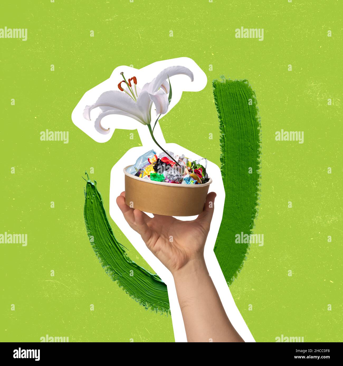 Creative artwork, contemporary design of flower growing into garbage ...