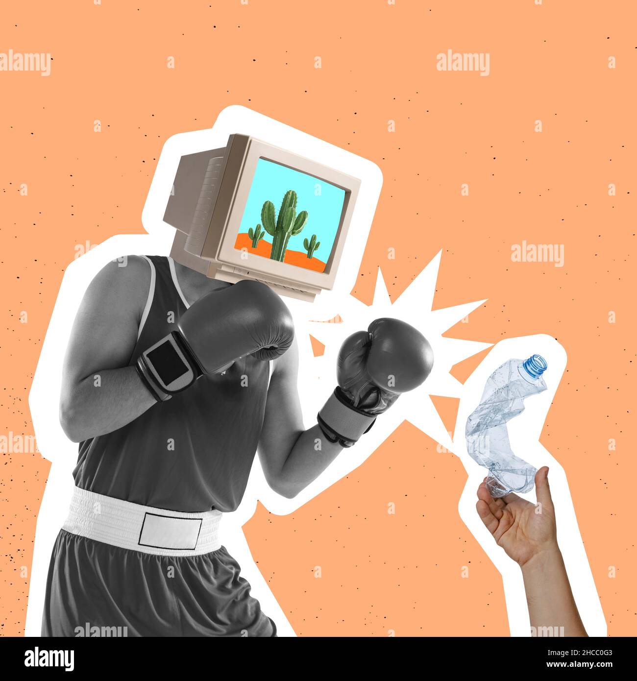 Contemporary art collage. Man with retro computer head bozing, fighting ...
